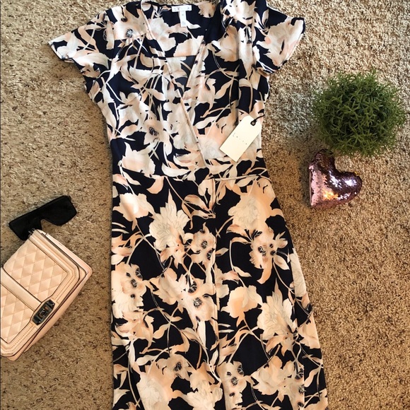 Leith | Dresses | Leith Midi Floral Wrap Dress Navy And Peach | Poshmark